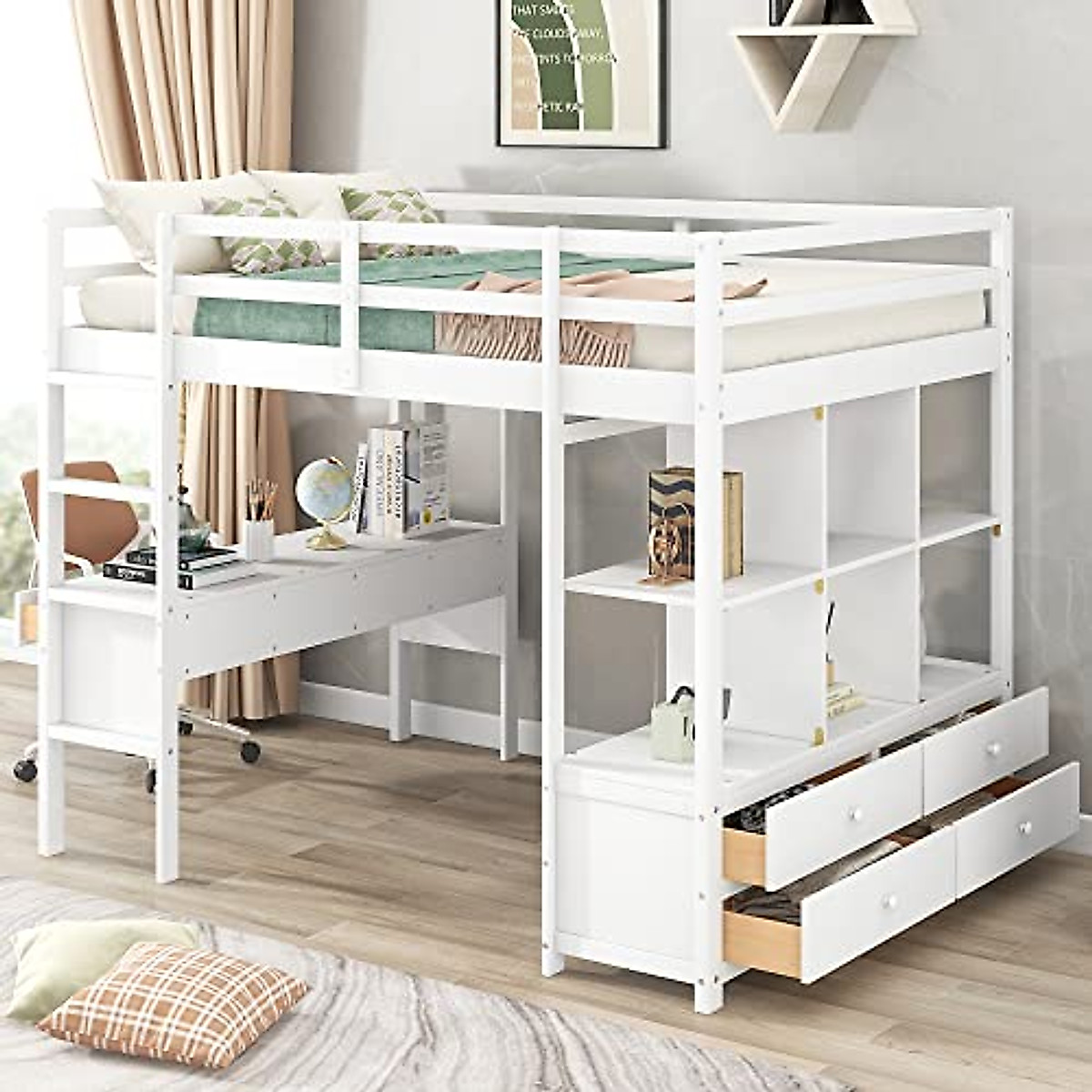 BIADNBZ Full Size Loft Bed with Built-in Desk and 2 Drawers, Wooden High Loftbed Frame w/Storage Shelves, Cabinets and Guardrails, for Kids Teens Adults, White