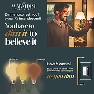 9 Watt LED G25 Light Bulbs, Warm Dimming 3000K (Soft White) - 1800K (Candlelight), 800 Lumens