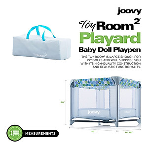 Joovy Toy Room² Playard Baby Doll Playpen Featuring Sturdy Steel Frame and Collapsible Design Allows for Easy Fold for Travel, and Travel Case - Large Enough for 22” Dolls (Blue Dot)