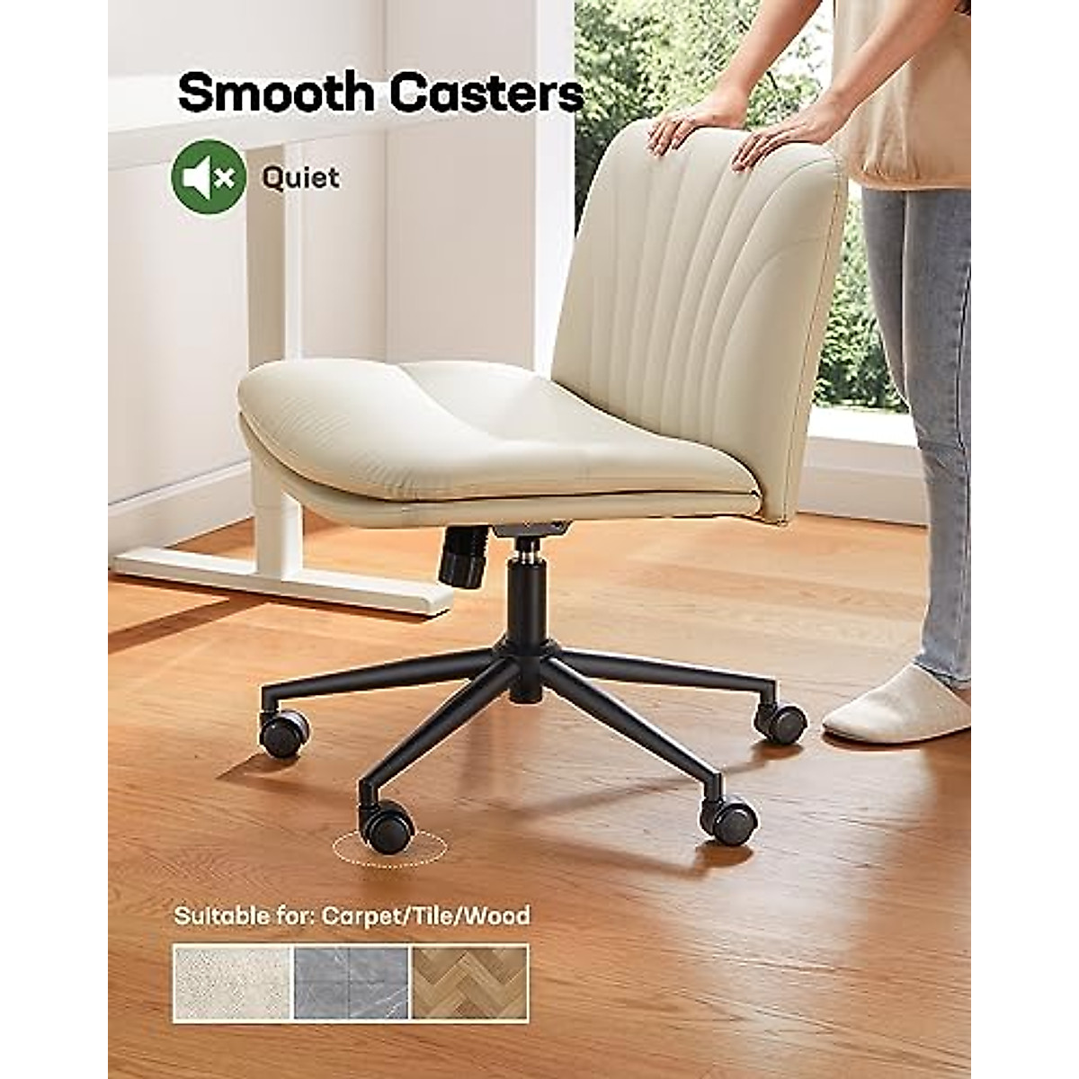 Marsail Armless-Office Desk Chair with Wheels: PU Leather Cross Legged Wide Chair,Comfortable Adjustable Swivel Computer Task Chairs for Home,Office,Make Up,Small Space,Bed Room(Light Beige)