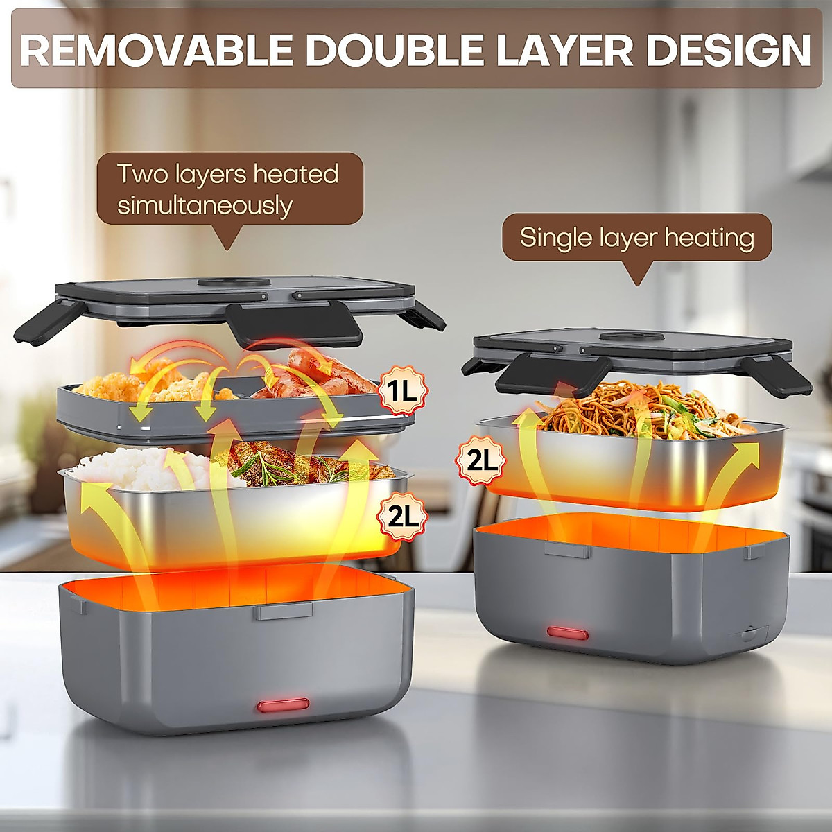 Sitlais Electric Heated Lunch Box for Men, 2 Liters 90 W Double Layer Portable Food Warmer for Car Truck Self Heating Lunch Box for Work Food Heater for Adults Travel Camping lonchera,Dark Grey