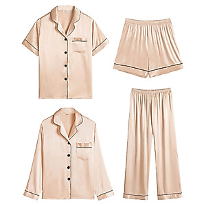 SWOMOG Women 4Pcs Silk Pajamas Set Button Down Sleepwear Loungewear Pj Sets for Ladies Nightwear Champagne Large