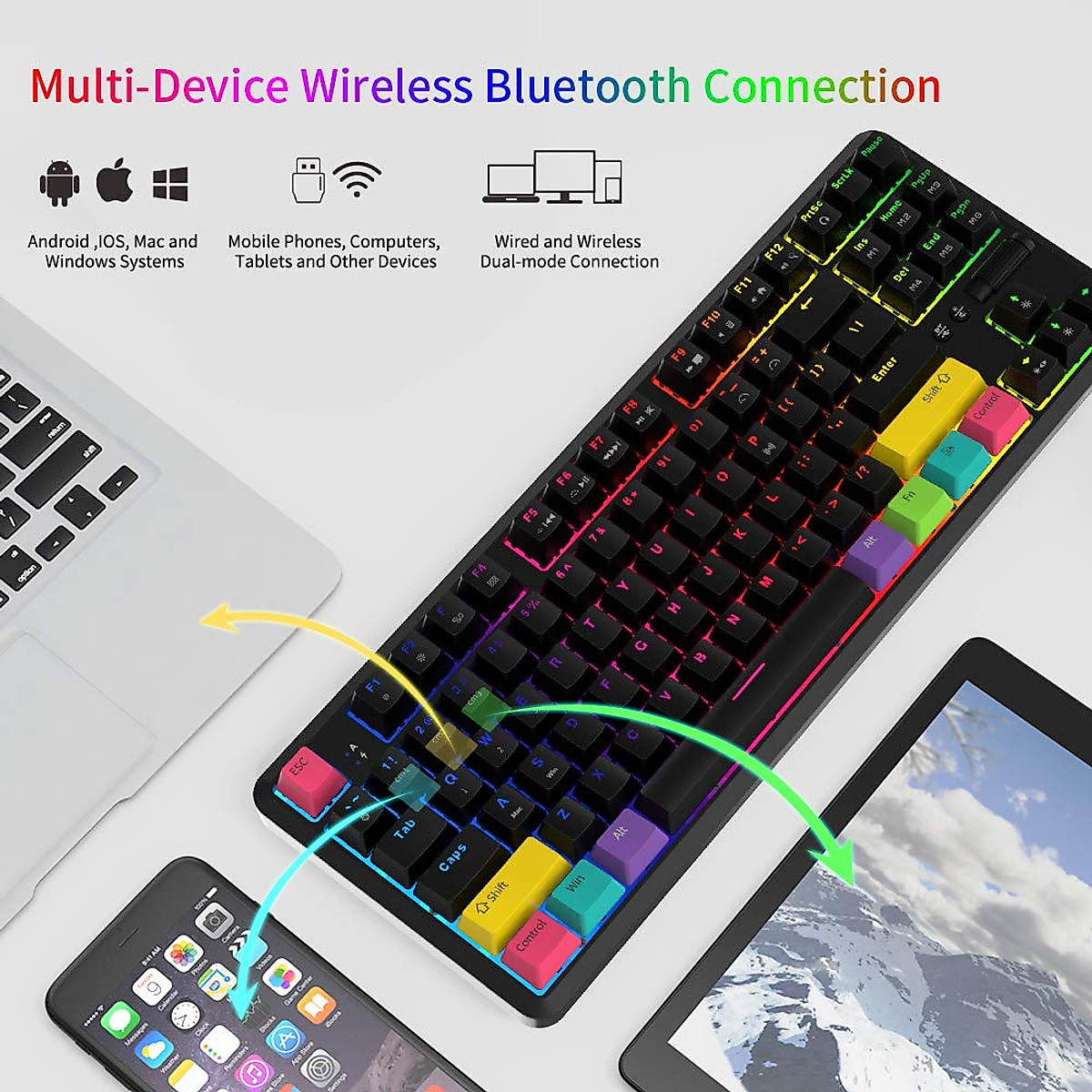 NACODEX K870T TKL Wired/Wireles RGB Mechanical Keyboard | Tenkeyless Bluetooth Keyboard with Volume Wheel Design | 10PCS Mixed Color Keycaps, Up to 3 Devices for Office Gaming (Blue Switch)