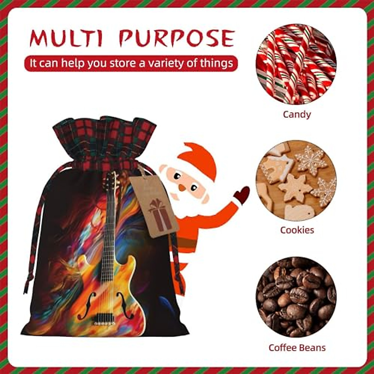 Christmas Gift Bags with Drawstring Burlap Gift Bags Abstract Guitar Christmas Linen Bags for Xmas Party Candy Bags with Cards Xmas Reusable Wrapping Bags Christmas Linen Treat Bags for Holiday