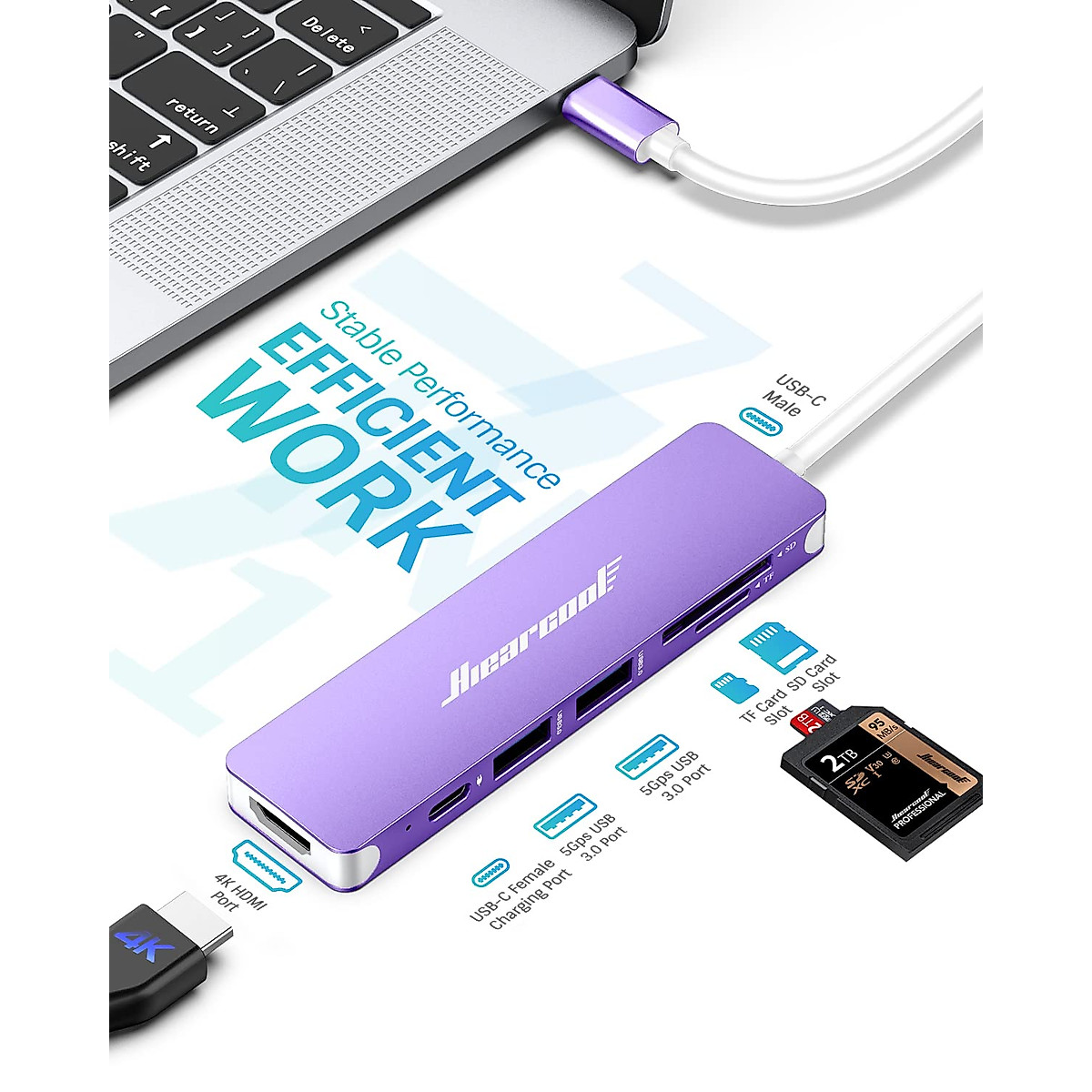 Hiearcool 7IN1 USB C Adapter, USB C Hub-(Grey and Purple)