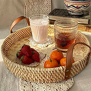 Large Round Rattan Tray with Mother of Pearl Inlay, Woven Wicker Tray with Leather Handles, Coffee Table Wicker Tray for Storage and Organizer, Farmhouse Boho Home Décor (White),12 Inch