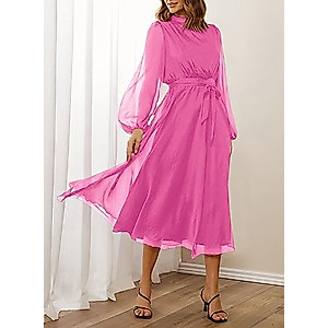 Dokotoo Womens Fall Cocktail Dresses for Women 2023 Long Puff Sleeve Tie Waist Mock Neck High Waist A-Line Casual Birthday Evening Party Formal Midi Dress Pink X-Large