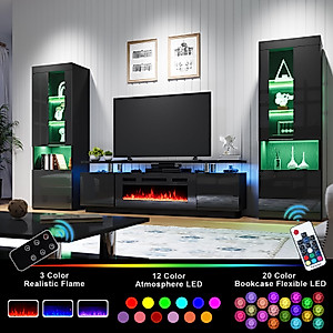 AMERLIFE Entertainment Center with Fireplace and Bookcases, Includes 70" 2-Tier Fireplace TV Stand with 36" Fireplace, 2 x Modern High Gloss Bookshelves with LED Lights & Glass Doors, Black