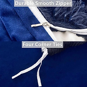 6Pcs Fluffy Faux Fur Duvet Cover Sets,Fuzzy Plush Shaggy Bedding Set(1Faux Fur Quilt Cover with Velvet Fabric Inner+1Flannel Flat Sheet+2 Shaggy Pillowcases+2 Heart Pillows) Zipper Closure Navy King