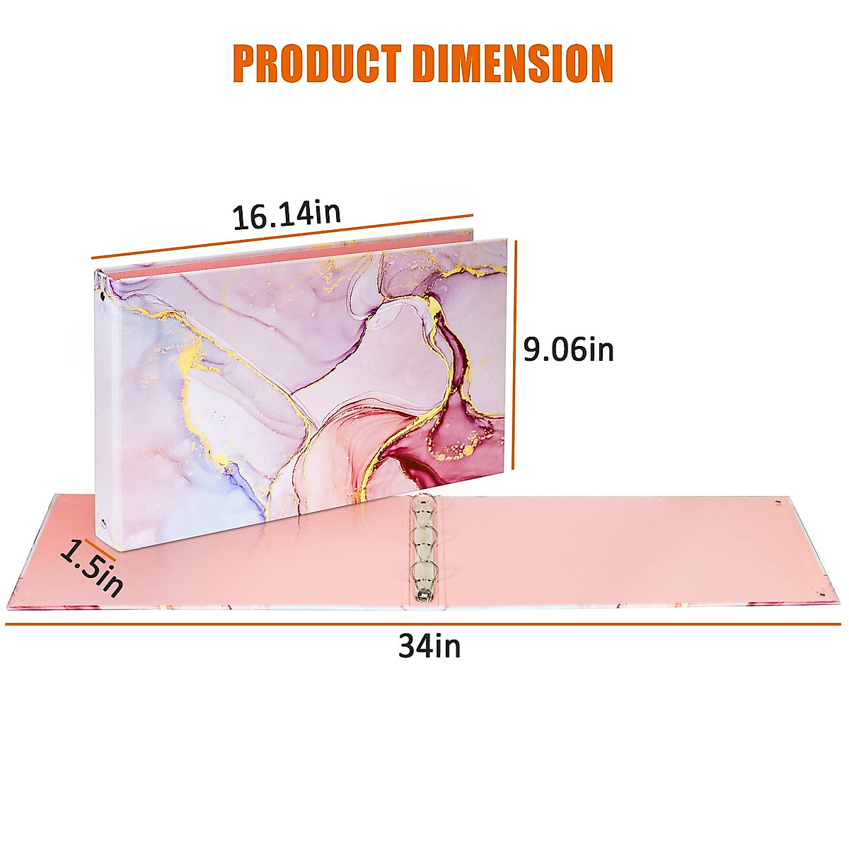 Legal-Size Binders, for 8.5 x 14 Paper, 3 Ring Binder 1 Inch, Landscape Spreadsheet Binder with Elastic Cord, Pink Marble, 2 Pack