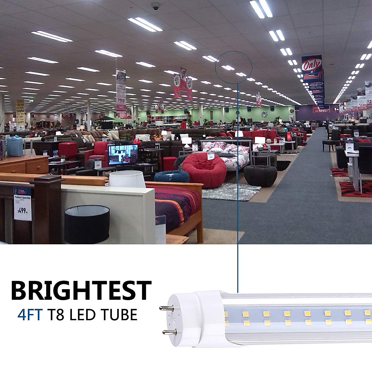 JOMITOP T8 LED Light Bulb 4FT, Ballast Bypass Required, 3360 Lumens, 2pin G13 End Cold White 6000K, Replace 80W Fluorescent Light,Cold White 6000K, Dual-End Powered Clear Cover AC 85-277V 25Pack