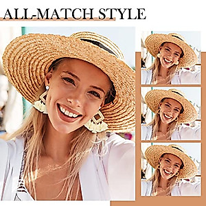 Straw Purses Bags Woven Summer Clutch Purses Crossbody Shoulder Handbag Bag with 4 Pairs Earrings Rattan Boho Earrings for Women Girl (Round Tassel Style)