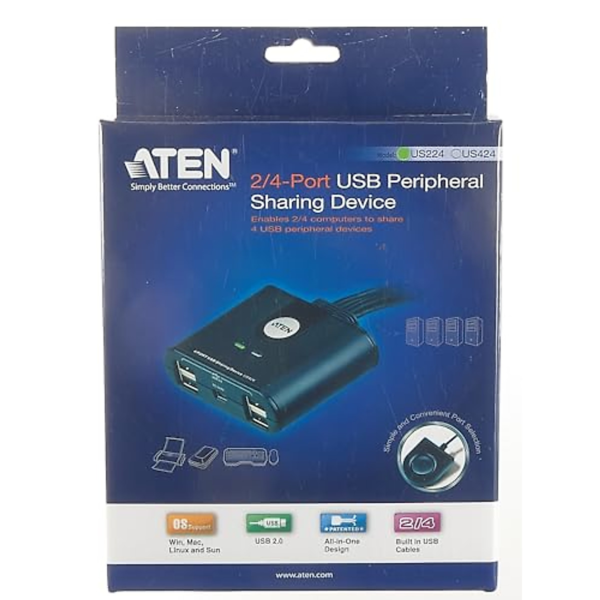 ATEN US224 2 x 4 USB 2.0 Peripheral Sharing USB Switch 2 Computers Share 4 Devices Simple Remote Port Selector Included Supports Optional USB Power Adapter - Windows Mac Linux