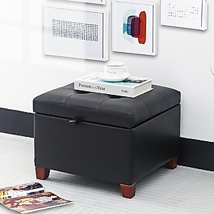 Asense 17 Inch Square Storage Ottoman,Small Foot Rest Stool for Couch, Faux Leather Upholstered Footstool Cube for Entryway Bedroom Living Room, Black