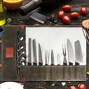 FIREDOG Wessleco Chef Knife Roll Bag (10 Pockets), Waxed Canvas Knife Carrying Case Storage with Handle & Shoulder Strap, Zipper Pouch for Culinary Tools (Knives Not Included)