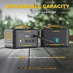 VTOMAN Jump 1500X Portable Power Station 1500W (3000W Peak), 828Wh LiFePO4 (LFP) Battery Powered Generator with Expandable Capacity, 3x Pure Sine Wave 1500W AC Outlets, 2xPD 100W, 3x Regulated 12V DC