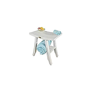 CoastalVogue Teak Satori Shower Bench Wooden Seat Spa Shower Stool with Curved Seat and Shelf Teak Wood Shower Bench in Antique White Finish - 18 inches Length x 12” Width