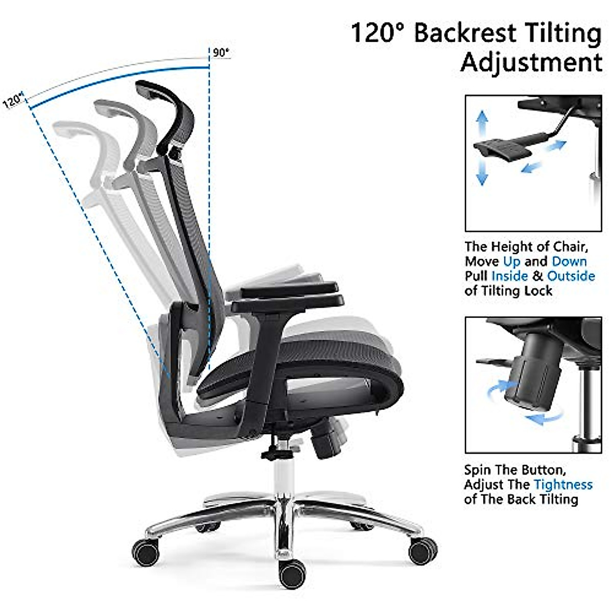 BILKOH Ergonomic Office Chair with Mesh Seat & Adjustable Lumbar Support, High Back Desk Chair with Breathable Mesh, Wide Headrest & Reclining Swivel Task Chair, 3D Armrest & Height Computer Chair