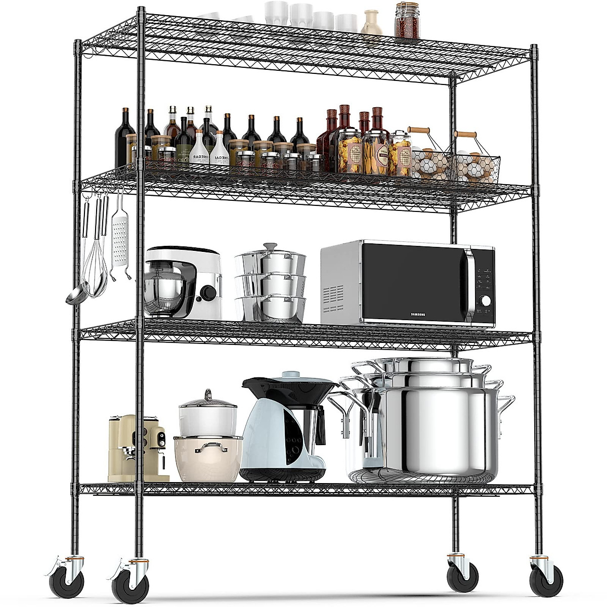 Raynesys Wire Shelving, 2000 Lbs Heavy Duty 60x24x72 Inch Shelving Metal Shelves with 4" Wheels, 4-Tier NSF Steel Wire Storage Shelf Commercial Grade Adjustable Utility Rack for Garage Kitchen, Black
