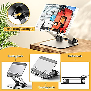 Book Stand for Reading, Grathia Adjustable Book Holder with Page Clips & Multi Heights Angles, Aluminum Ergonomic Desk Page Holder Foldable Book Stands Holder for Textbook Recipe Music Tablet (12'')