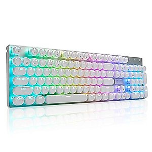 HUO JI E-Yooso Z-88 Typewriter Style Mechanical Gaming Keyboard USB Wired, Programmable RGB Backlit, Blue Switches - Clicky, Software Supported, Retro 104 Keys for Mac, PC, White