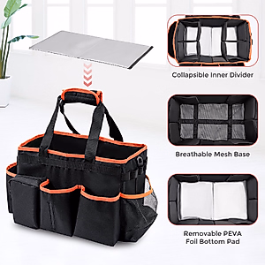ProCase Cleaning Caddy Bag for Housekeepers, Foldable Cleaning Supply Bag with 5 Compartments, Wearable Cleaning Detailing Bag Organizer Tote Bag with Handles and Shoulder Strap -Orange