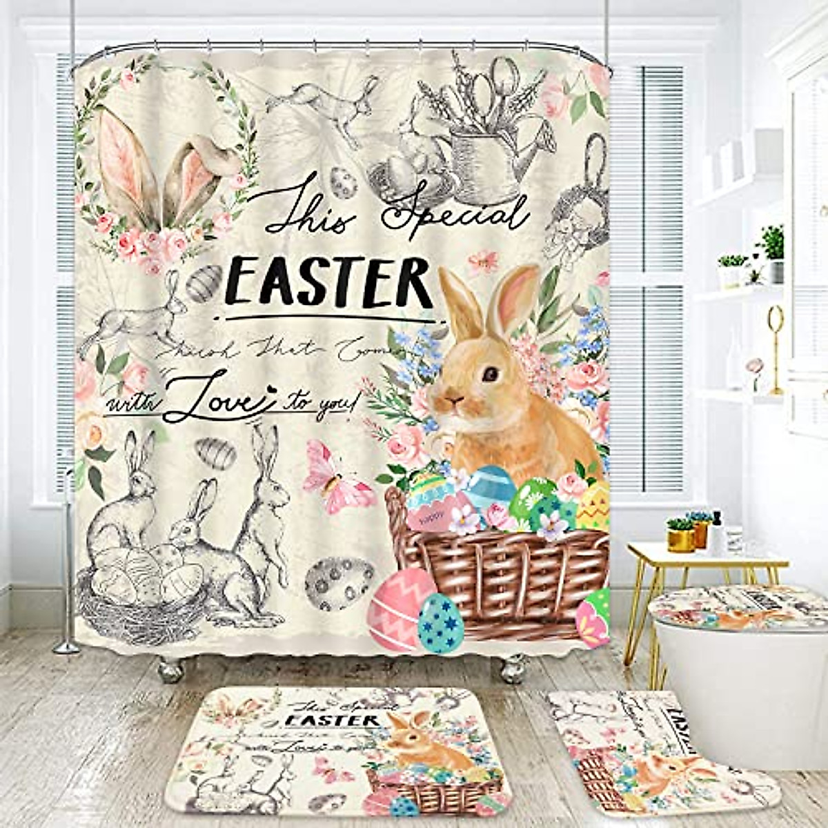 4 Pcs Easter Shower Curtain Sets with Non-Slip Rugs, Toilet Lid Cover, Bath Mat and 12 Hooks, Pink Rose Bunny Rabbit and Easter Eggs Spring Shower Curtains for Easter Day Bathroom Decoration