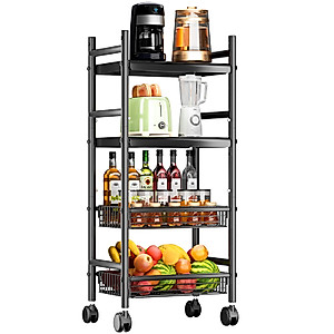 caktraie 4 Tier Rolling Cart, Kitchen Carts on Wheels with Storage and Steel Frame, Multifunctional Utility Cart with Wheels for Kitchen, Bathroom, Living Room, Bar, Office