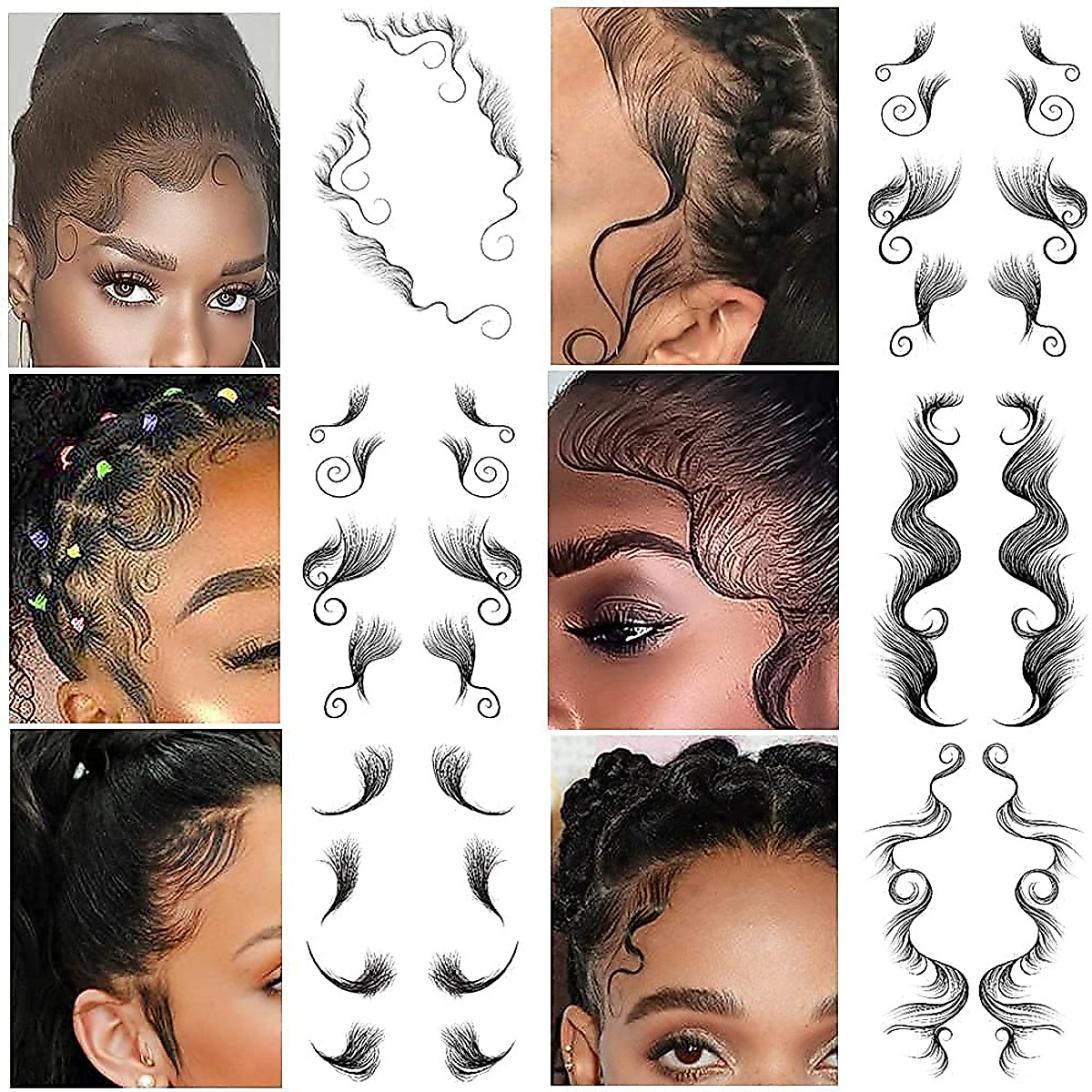 20 Sheets Baby Hair Tattoo Stickers 20 Styles Tattoo Edges for Hair Fake Hairline Stickers Temporary Waterproof Lasting Curly Hair DIY Salon Hairstyling Template Makeup Tool (7x 4.3inch)