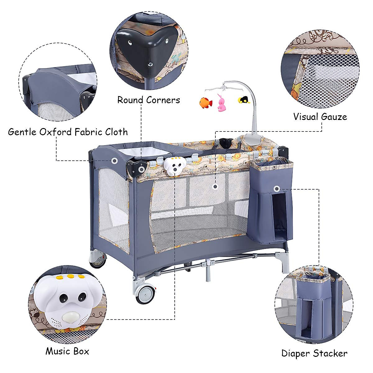 Costzon 3 in 1 Pack and Play, Portable Baby Playard with Bassinet, Changing Table, Music Box, Wheels & Brake, Basket, Carry Bag, Co-Sleeper Bassinet Compact Travel Crib for Indoor Outdoor Use Grey