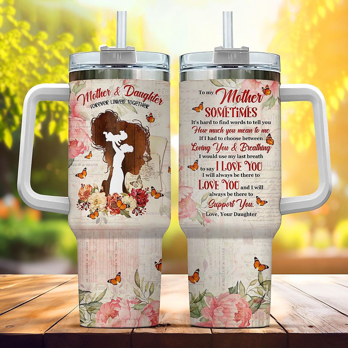 99WHALE Tumbler 40 Oz With Handle Lid And Straw, Mom Gifts, Butterfly Stainless Funny Primrose Modern Be Cups Coffee Quartz Mama Parade Cup Hot Yellow For Day To, Mother Daughter Floral