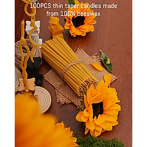 Viyffo 6.3 Inch Natural Beeswax Taper Candles Set of 100 Unscented, Dripless, Smokeless Thin Tapered Candlesticks for Church Prayer, Decor, Birthday, 6.3”x0.2”