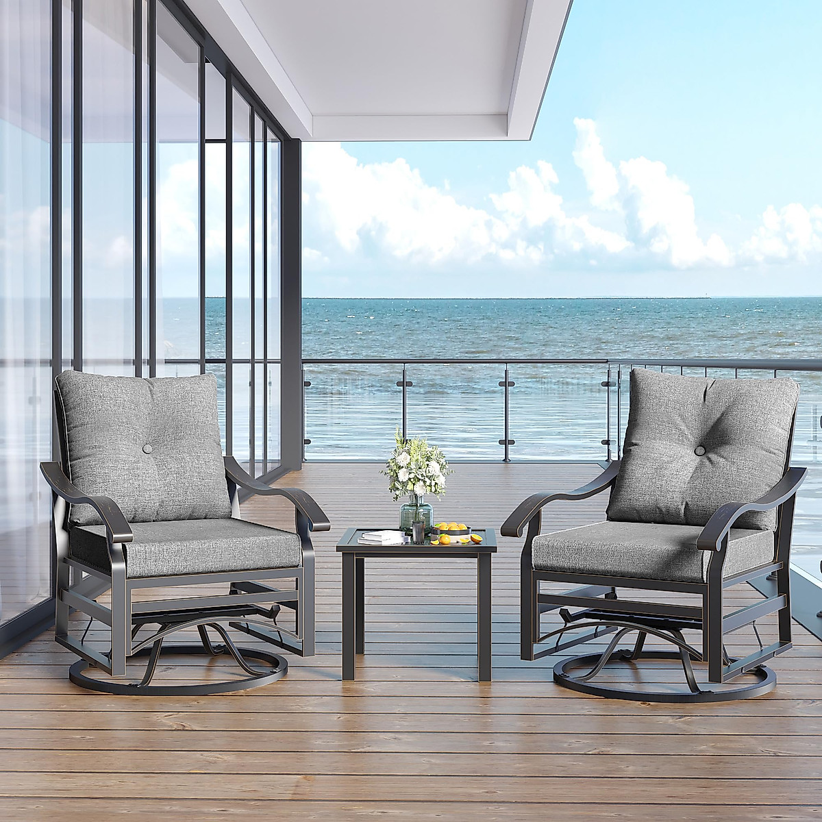 VONZOY 3 Piece Outdoor Swivel Chair, Patio Furniture Metal Rocker Bistro Set with Rocking Chair, Thick Cushions and Table for Porch Garden Balcony（Grey）