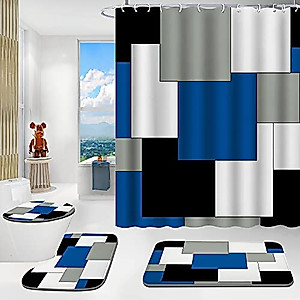 ENYORSEL Blue Bathroom Sets with Shower Curtain and Rugs, 4 Piece Geometric Bathroom Shower Curtain Set with Rugs, Incl Shower Curtain with 12 Hooks, Bath Mat, U-Shaped Floor Mat, Toilet Lid Oval Rug