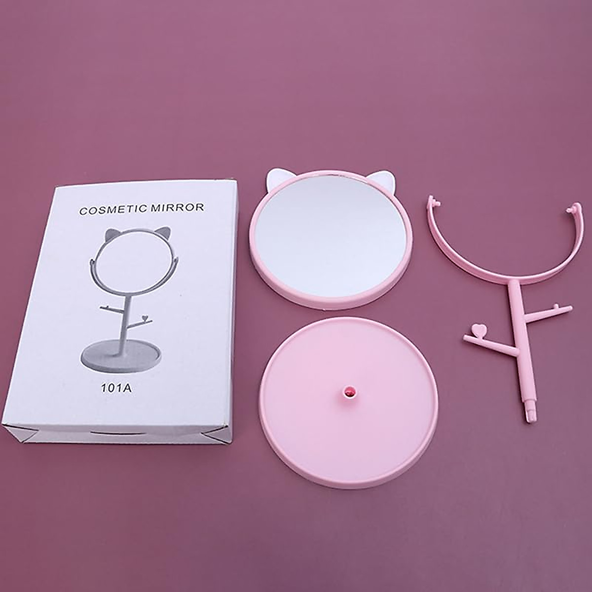 Desk Mirror in Cute Cat Ears Shape Practical Desktop Makeup Mirror Portable with Folding Stand Round Makeup Mirror Stand Up Desk 360 Circular Rotation Cute Circle Mirror for Bedroom Bathroom