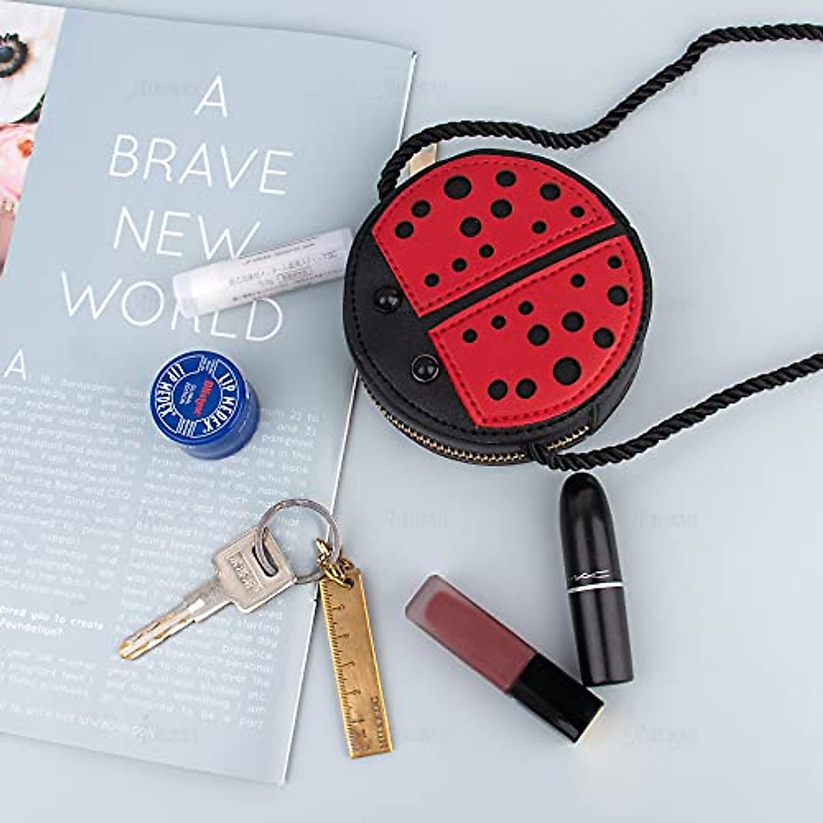 AUEAR, Cute Ladybug Purse Mini Pu Leather Crossbody Bag Wallet Pouch for Women and Girls, Black and Red