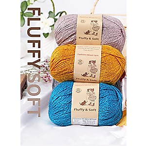 3-Pack Fluffy Wool Yarn by Yonkey Monkey. Lightweight and Soft. Knitting Crochet DIY Art Crafts (Turmeric 030)