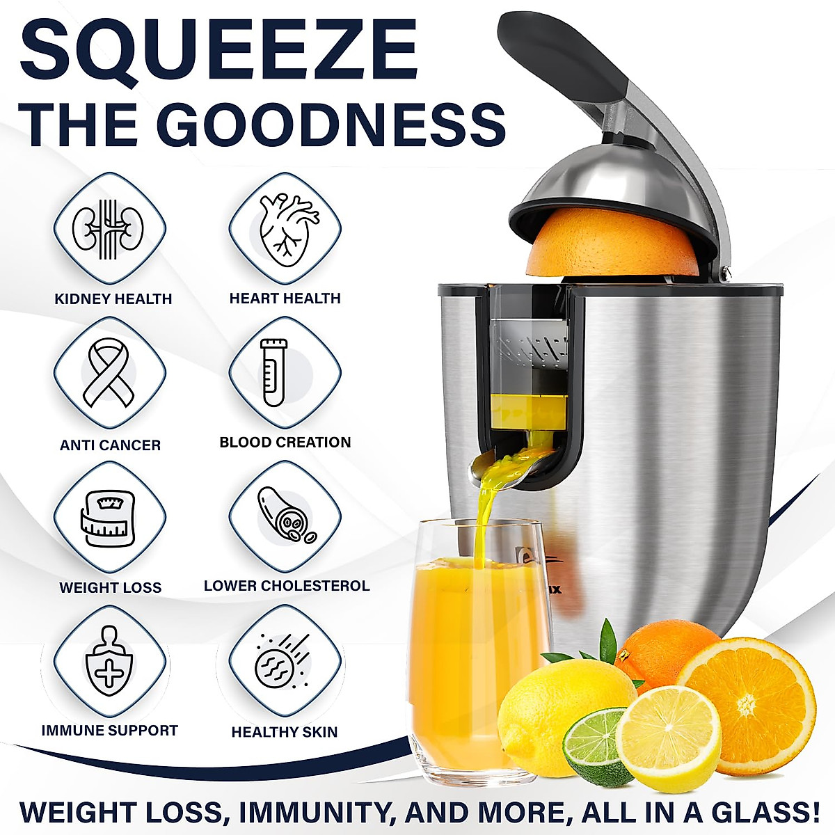Eurolux Electric Citrus Juicer Squeezer, for Orange, Lemon, Grapefruit, Stainless Steel 160 Watts of Power Soft Grip Handle and Cone Lid for Easy Use (ELCJ-1700S)