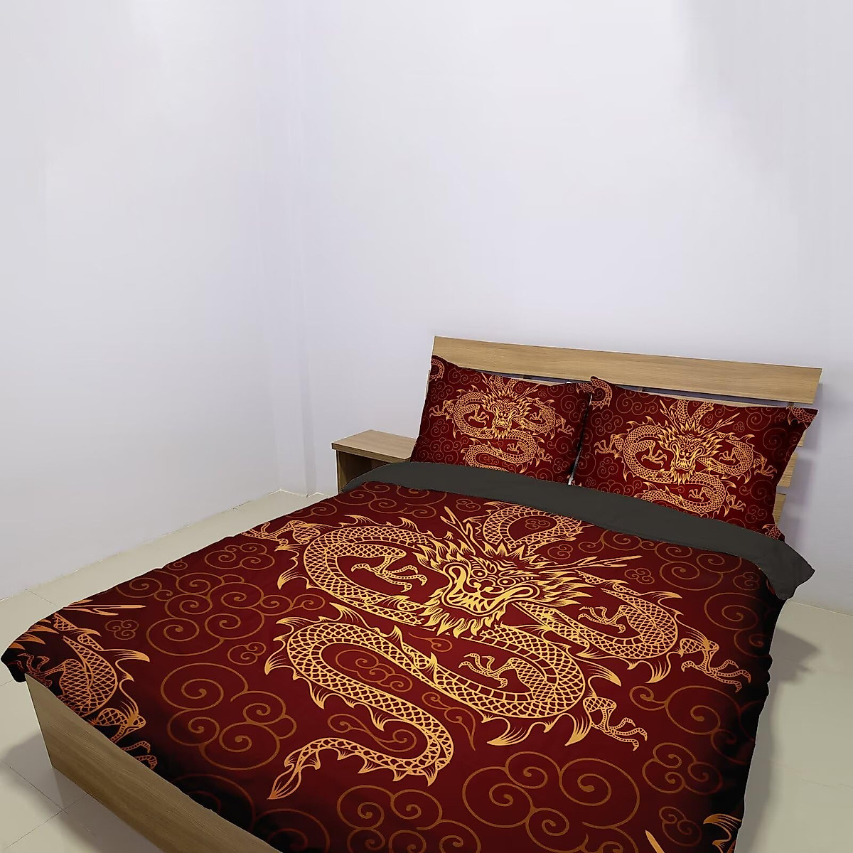 Gearider Dragon Bedding Chinese Style Duvet Cover Set Queen Size 3pc Luxury Bedding Soft Red Quilt Duvet Cover with Zipper Closure