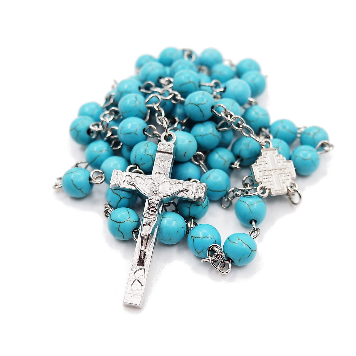 TumiLuben 8mm Turquoise Necklace Rosary Beads Catholic for Woman, Car Rosary for Rearview Mirror with Crucifix and Cross medal with Jerusalem in Gift Box (Carved Rose Metal Box)
