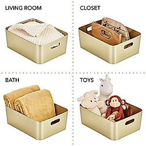 mDesign Steel Metal Storage Container Bin Basket, Handle - Kitchen Pantry, Cabinet, Fridge, Drawers, Freezer Organization - Food/Snack Holder Crates, 12" Wide - Mirri Collection - Soft Brass