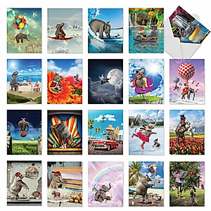 The Best Card Company - 20 Assorted Blank Notecards Box Set 4 x 5.12 Inch with Envelopes (20 Designs, 1 Each) - Elefantasy Adventures AM10307OCB-B1x20