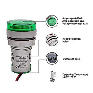 Shopcorp - Digital Led Display Indicator Ammeter, 0-100A Max AC380 Current Meter and 220V - Gauge Meter, Tester Amp Monitor - AD101-22AM Model, Circle Panel, Green (3 Pack)