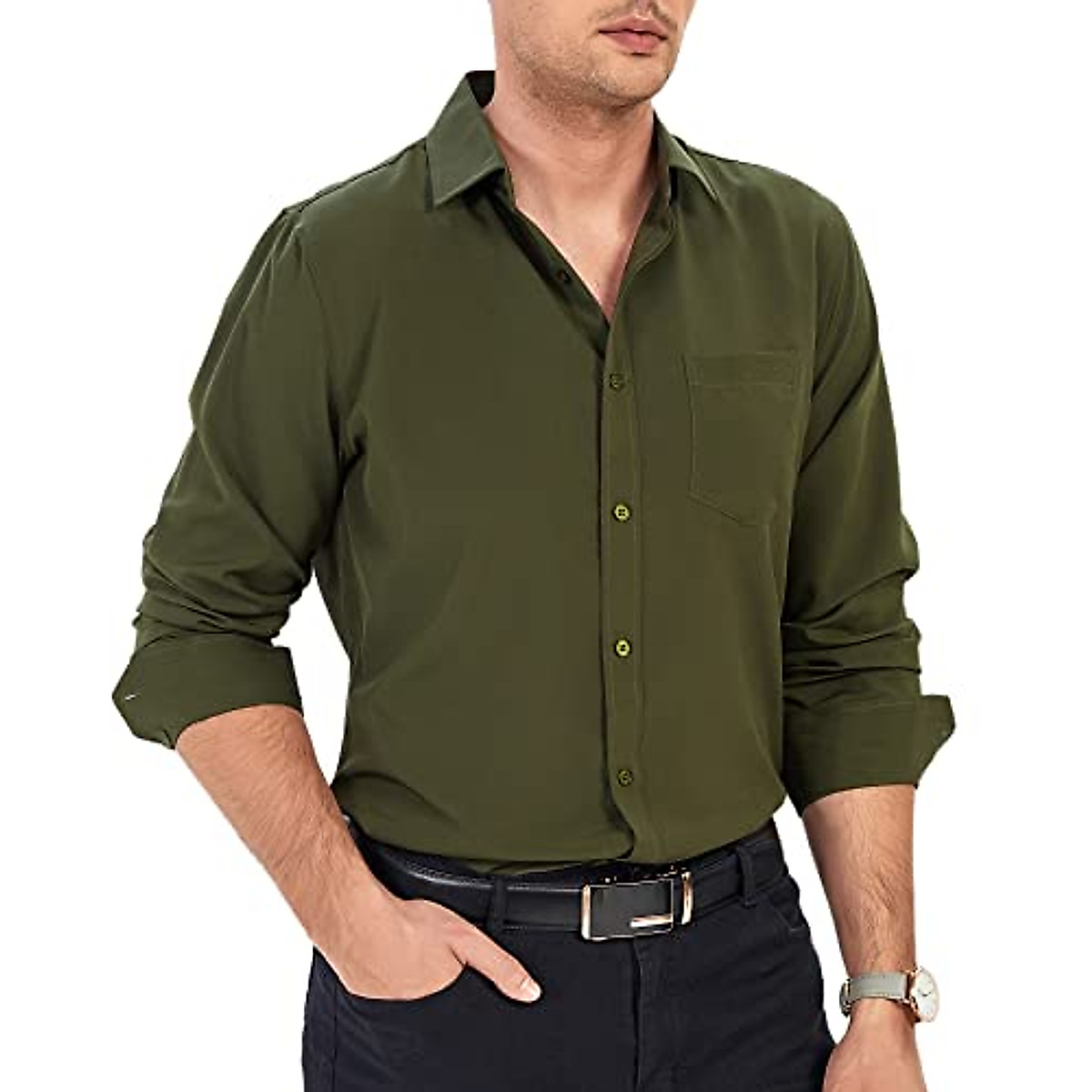 Echoph Mens Dress Shirts Long Sleeve Wrinkle Free Regular Fit Casual Business Button Down Shirt Army Green L