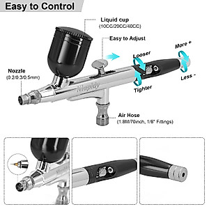 Airbrush Kit, Dual-Action Gravity Airbrush Gun with 0.2mm/0.3mm/0.5mm Needles, 10cc/20cc/40cc Paint Cup, Air Hose and Airbrush Cleaning Kit for Painting Nails Cake Tattoo (Black)