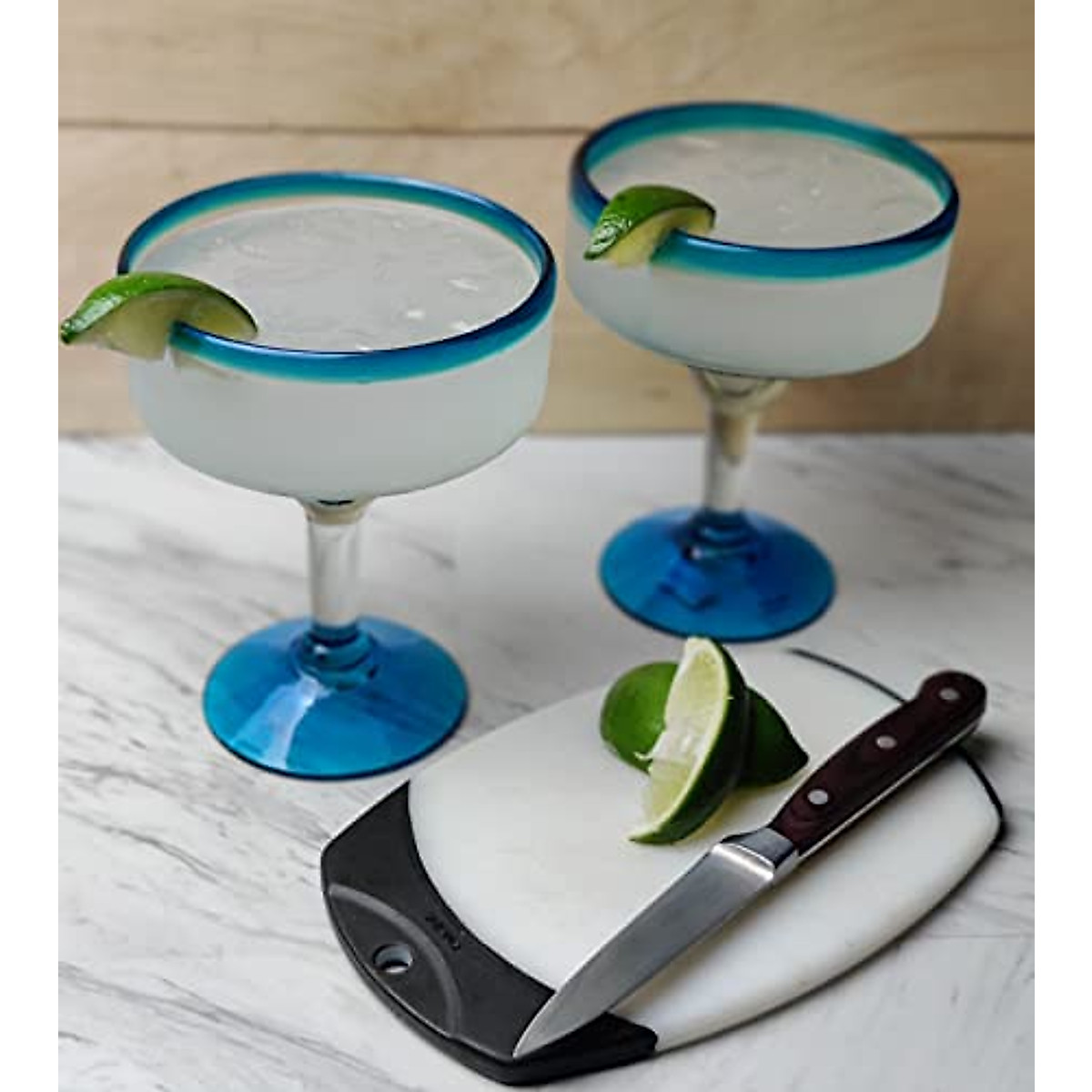 Mexican Hand Blown Glass – Set of 4 Hand Blown Margarita Glasses (16 oz) with Aqua Blue Rims