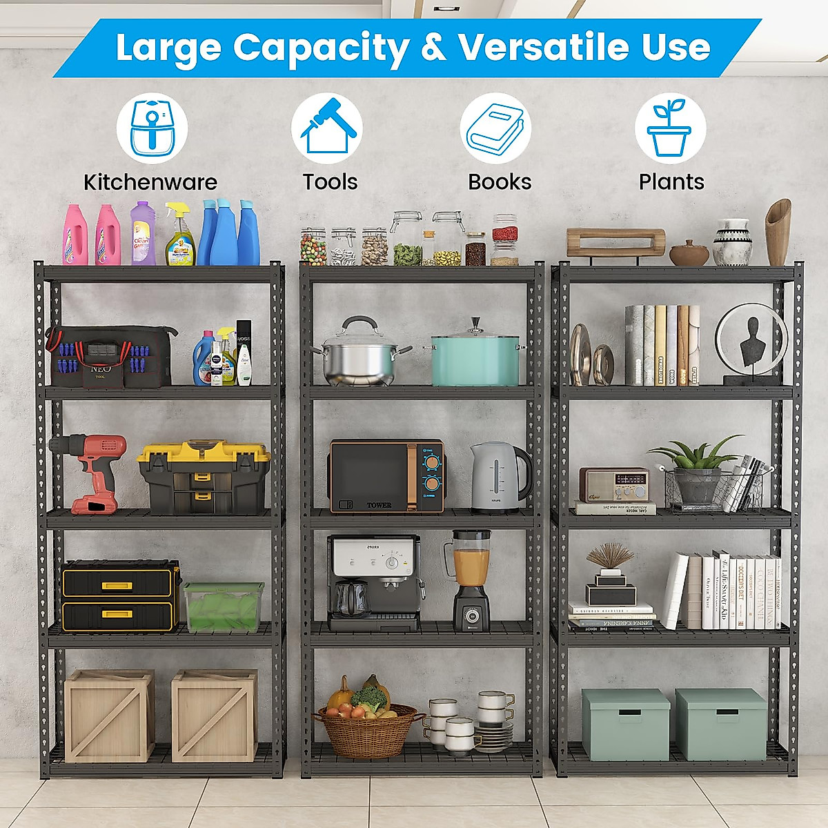 Tangkula 5-Tier Garage Storage Shelves, Heavy Duty Metal Storage Shelving Unit, Adjustable Utility Storage Rack Organizer for Warehouse Kitchen Pantry Basement, 35.5" L x 15.5" W x 72" H (3, Black)