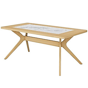 Tribesigns 63-inch Dining Table for 6, Modern Rectangular Dinner Table, Large Kitchen Table with X-Shaped Solid Wood Legs and Faux Marble Tabletop, for Dining Room, Kitchen (Oak and White Marble)