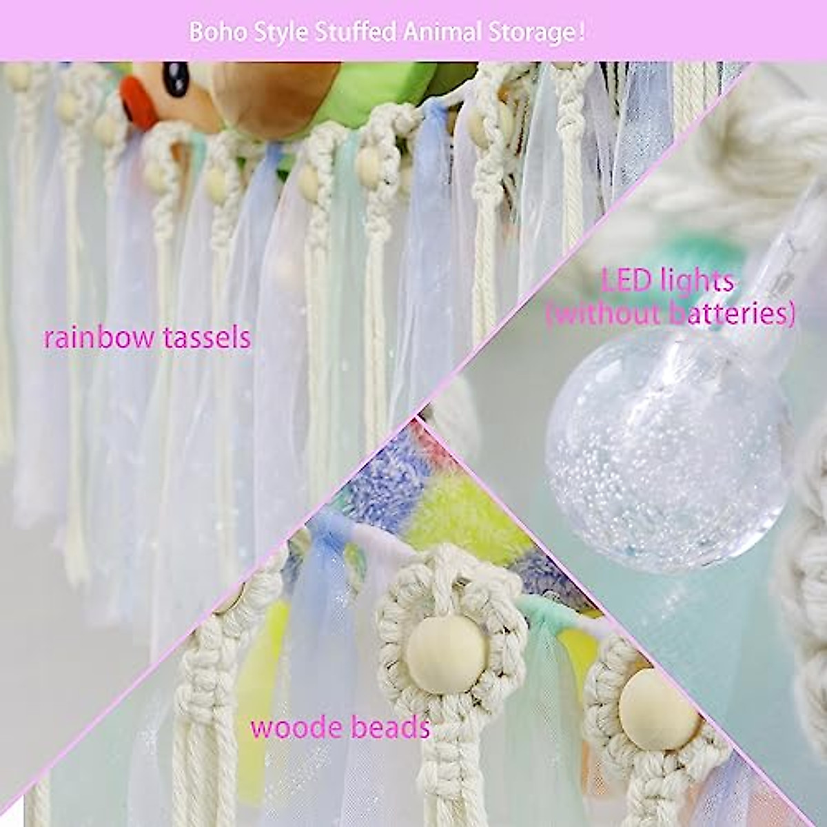 GSZTTKX Stuffed Animal Hammock,Macrame Large Toy Net Hanging for Stuffed Animals Storage Organizer Wall Corner,Boho Plush Stuffed Animal Holder Children Room Nursery Decor (with Light,Beads,White)