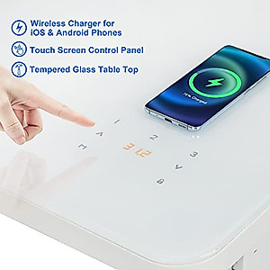 FARRAY Glass Standing Desk with Wireless Charging, 45 x 23 Inch Dual Motor Electric Height Adjustable Desk with Drawer, Touch Control Panel, Power Strip & USB Ports, White Sit Stand Desk